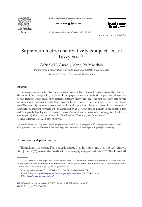 (PDF) Supremum metric and relatively compact sets of fuzzy sets