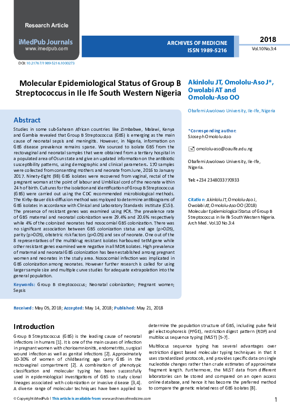 (PDF) Molecular Epidemiological Status of Group B Streptococcus in Ile ...
