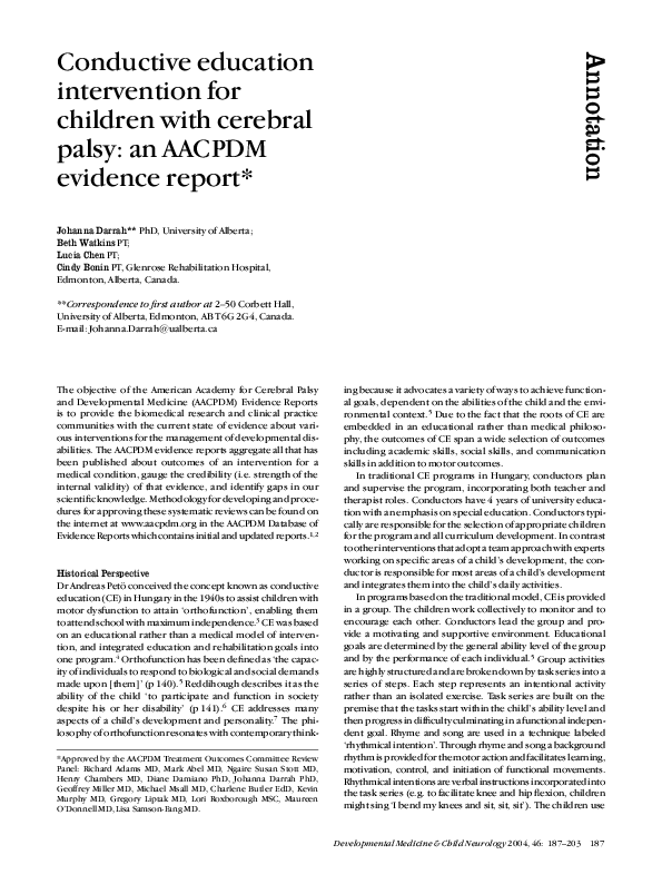 (PDF) Conductive education intervention for children with cerebral palsy: an AACPDM evidence report