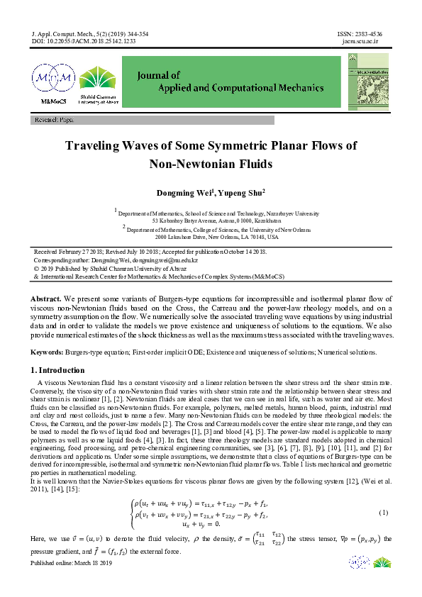 (PDF) Traveling Waves of Some Symmetric Planar Flows of Non-Newtonian Fluids