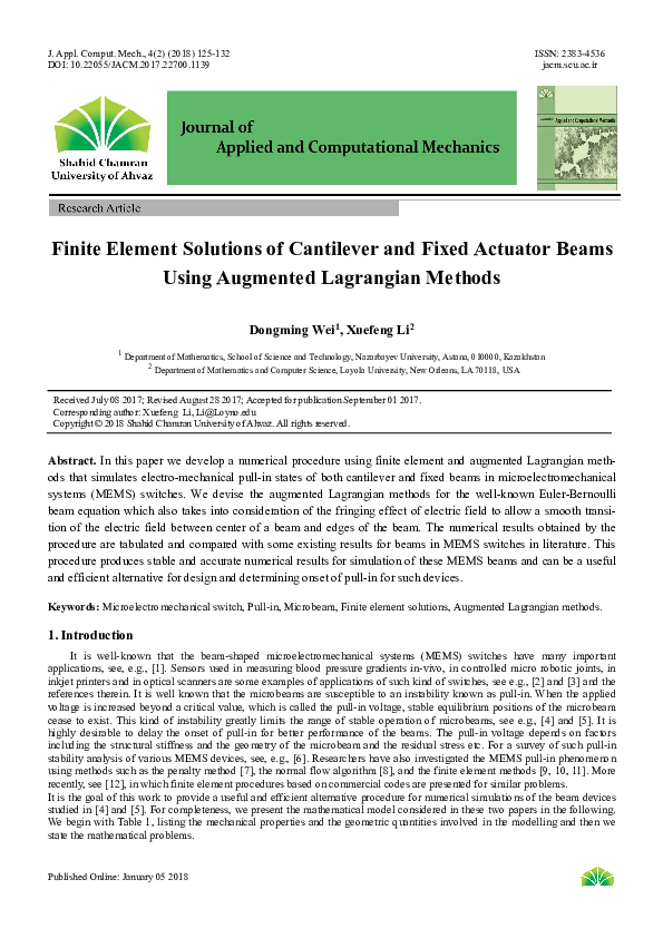(PDF) Finite Element Solutions of Cantilever and Fixed Actuator Beams Using Augmented Lagrangian ...