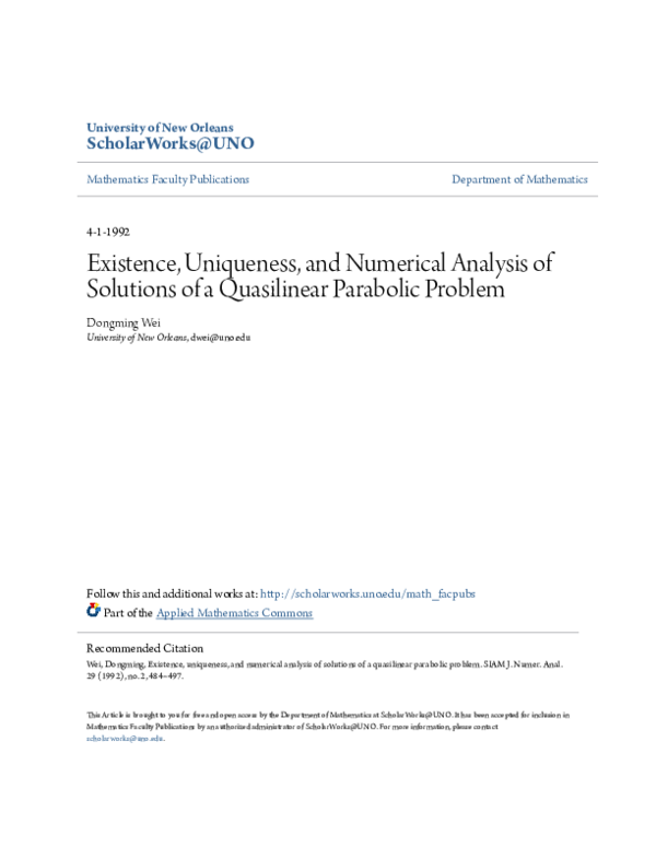 Pdf Existence Uniqueness And Numerical Analysis Of Solutions Of A Quasilinear Parabolic Problem