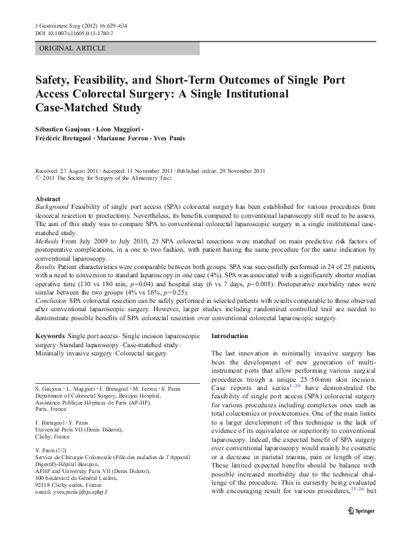 (PDF) Safety, Feasibility, and Short-Term Outcomes of Single Port ...