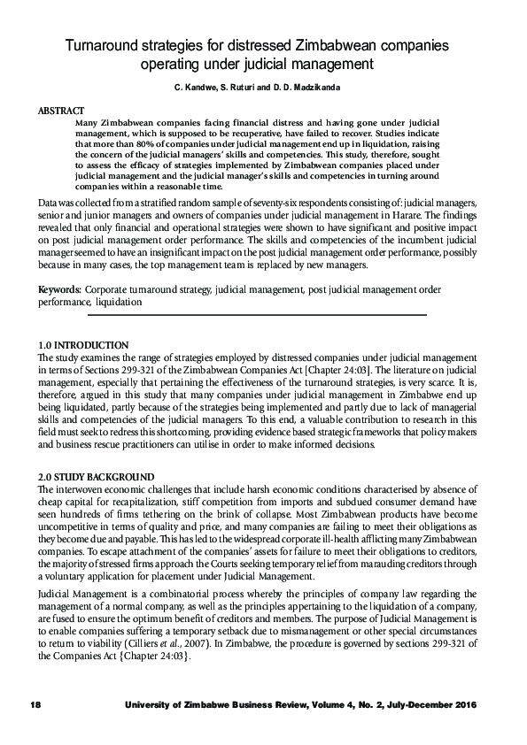 (PDF) Turnaround strategies for distressed Zimbabwean companies ...