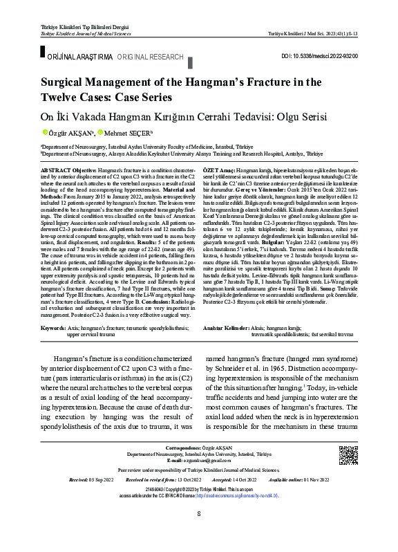 (PDF) Surgical Management of the Hangman's Fracture in the Twelve Cases: Case Series