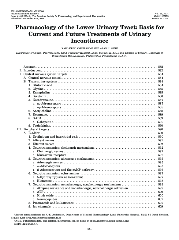 Pharmacology of the Lower Urinary Tract: Basis for Current and Future ...