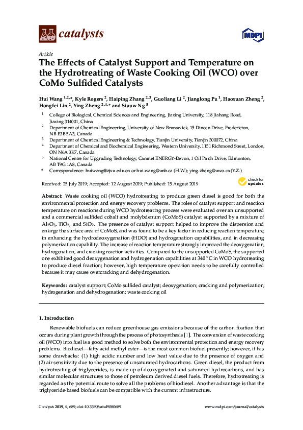 (PDF) The Effects of Catalyst Support and Temperature on the ...