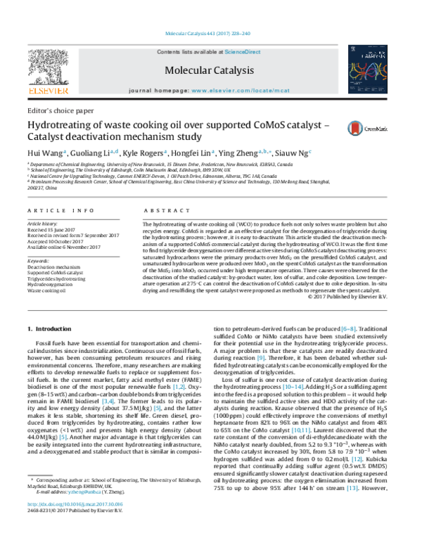 (PDF) Hydrotreating of waste cooking oil over supported CoMoS catalyst ...