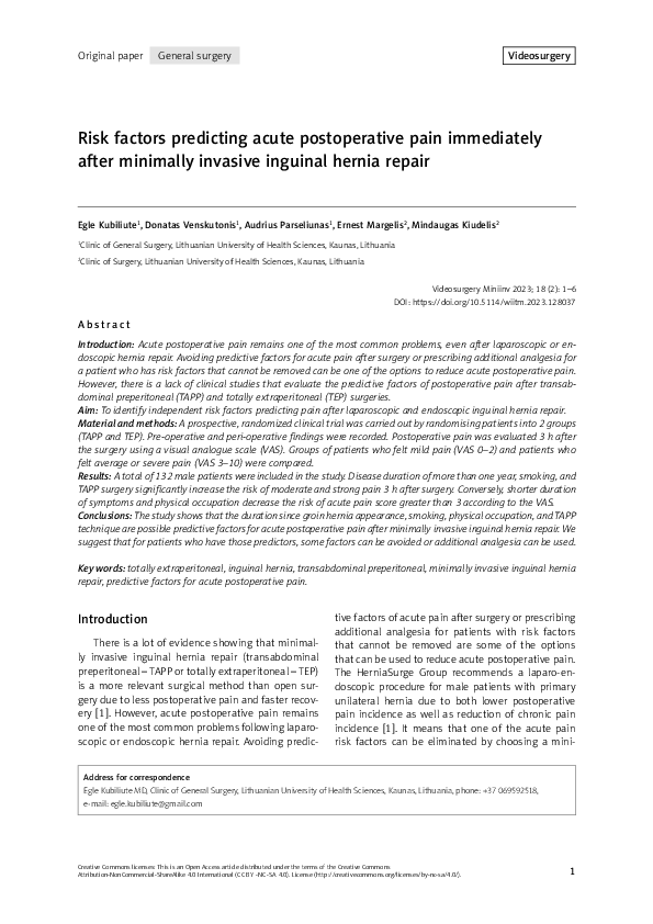 Pdf Risk Factors Predicting Acute Postoperative Pain Immediately