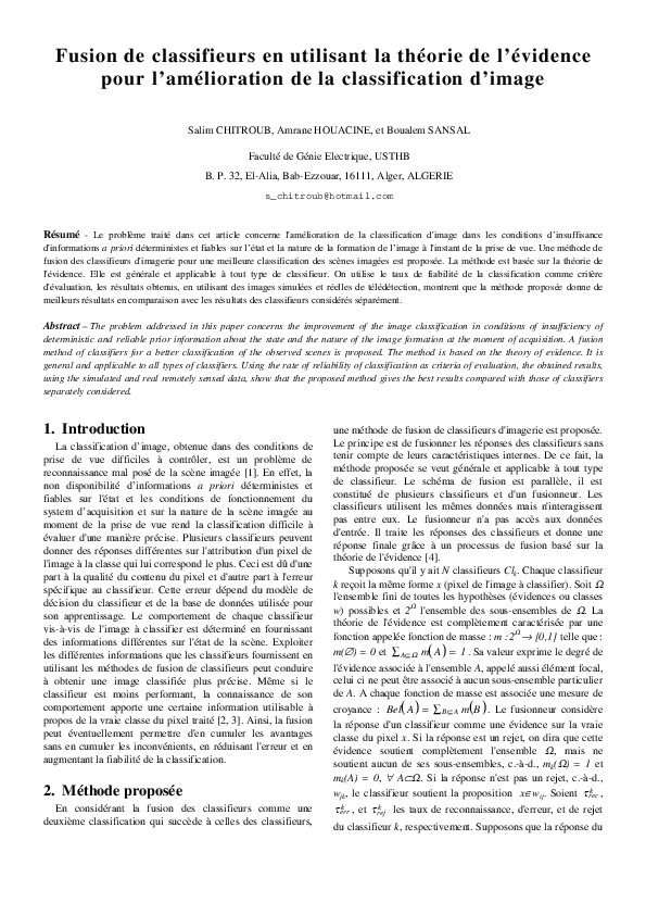 (PDF) Fusion de classifieurs en utilisant la théorie de l'évidence pour ...
