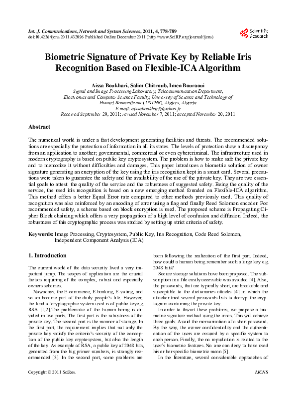(PDF) Biometric Signature of Private Key by Reliable Iris Recognition Based on Flexible-ICA ...