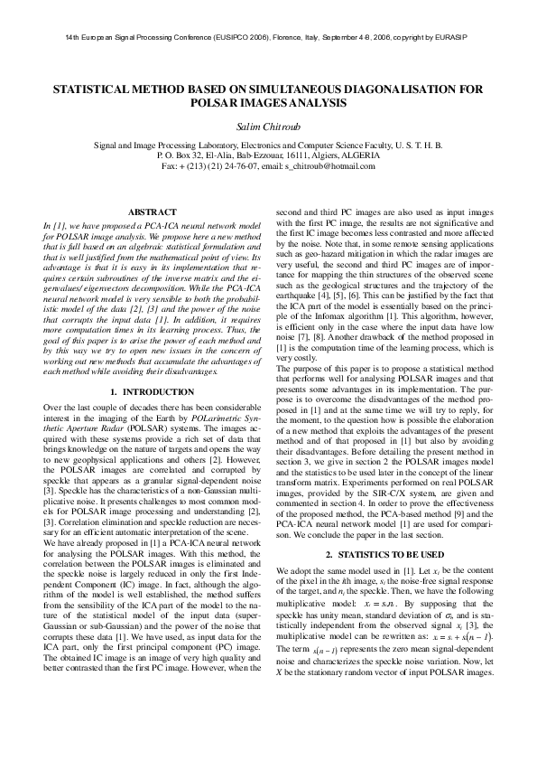 (PDF) Statistical Method Based On Simultaneous Diagonalisation For Polsar Images Analysis