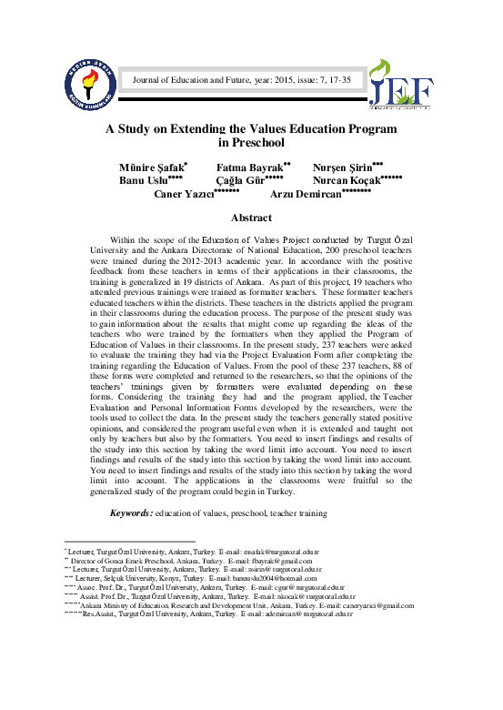 (PDF) A Study on Extending the Values Education Program in Preschool
