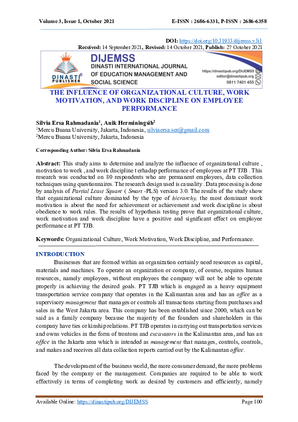 (PDF) The Influence of Organizational Culture, Work Motivation, and ...