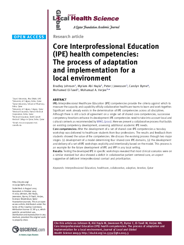 (PDF) Core Interprofessional Education (IPE) health competencies: The process of adaptation and ...