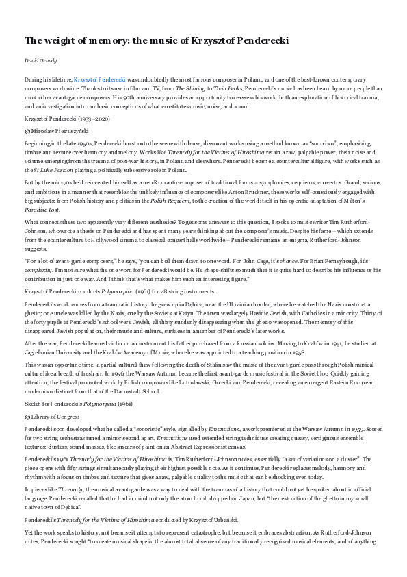 (PDF) The weight of memory: the music of Krzysztof Penderecki