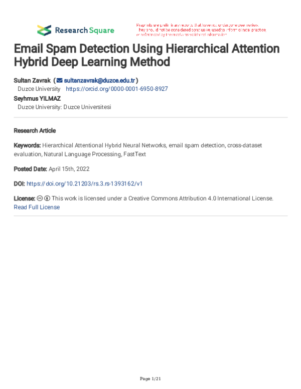 (PDF) Email Spam Detection Using Hierarchical Attention Hybrid Deep Learning Method