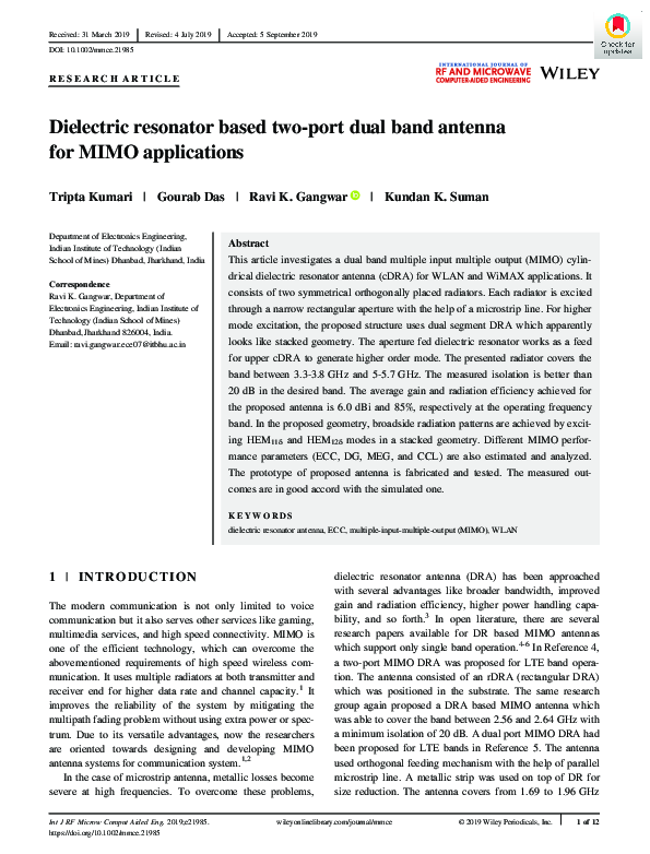 (PDF) Dielectric resonator based two‐port dual band antenna for MIMO ...
