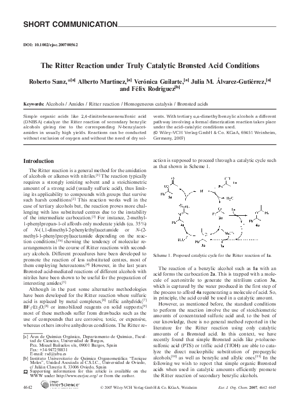 (PDF) The Ritter Reaction under Truly Catalytic Brønsted Acid Conditions