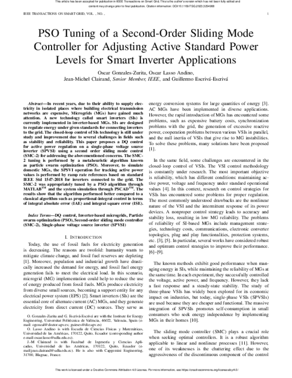 Pdf Pso Tuning Of A Second Order Sliding Mode Controller For Adjusting Active Standard Power