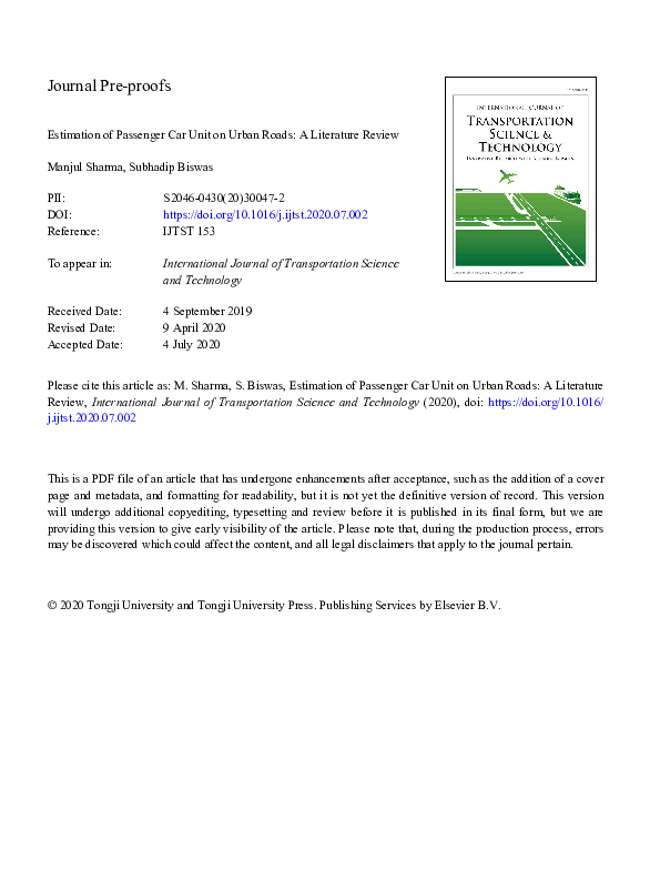 Pdf Estimation Of Passenger Car Unit On Urban Roads A Literature Review