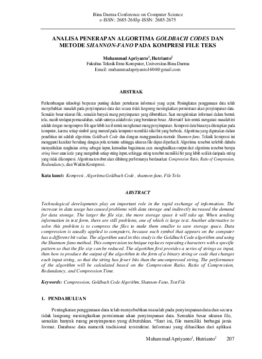 (PDF) Analisa Penerapan Algortima Goldbach Codes Dan Metode Shannon-Fano Pada Kompresi File Teks