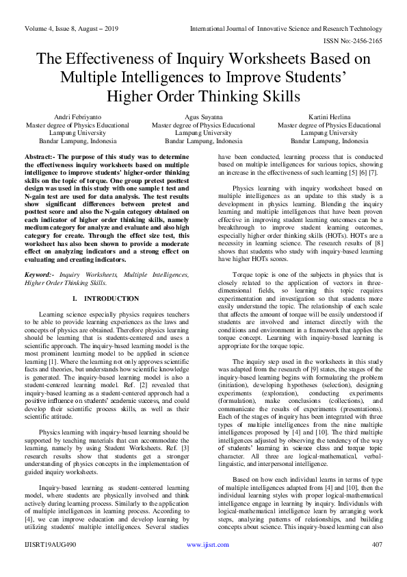 (PDF) The Effectiveness of Inquiry Worksheets Based on Multiple Intelligences to Improve ...