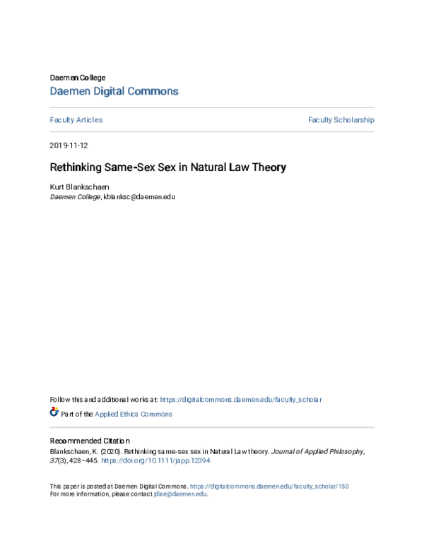 Pdf Rethinking Same‐sex Sex In Natural Law Theory Kurt Blankschaen