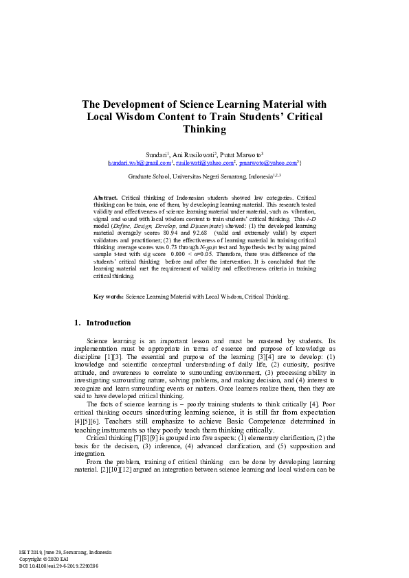 (PDF) The Development of Science Learning Material with Local Wisdom Content to Train Students ...