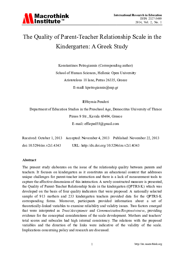 (PDF) The Quality of Parent-Teacher Relationship Scale in the ...