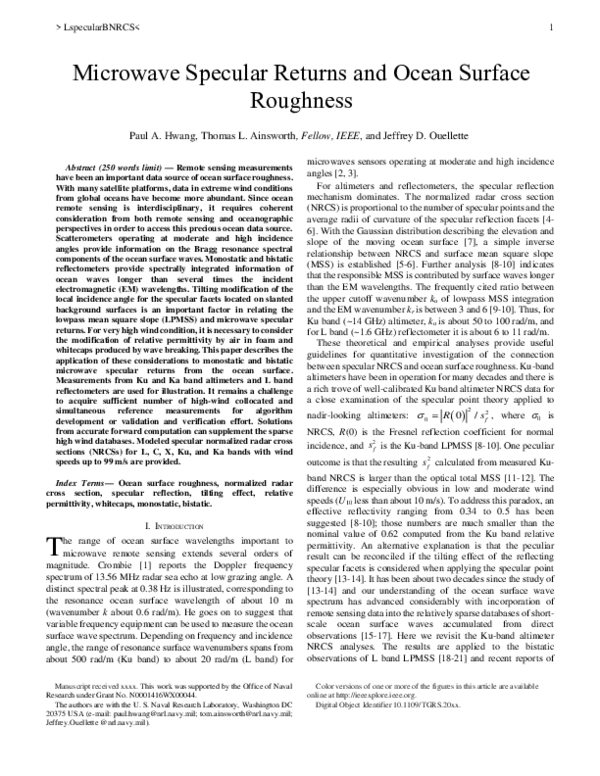 (PDF) Microwave Specular Returns and Ocean Surface Roughness