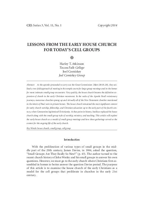 (PDF) Lessons from the Early House Church for Today's Cell Groups