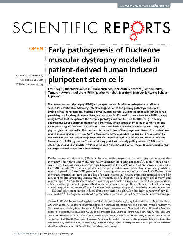 (PDF) Early pathogenesis of Duchenne muscular dystrophy modelled in patient-derived human ...