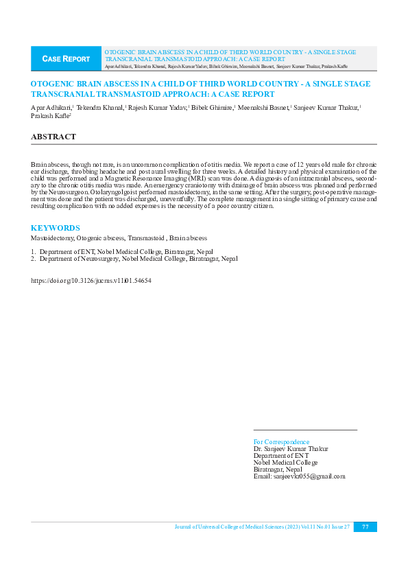 (PDF) Otogenic Brain Abscess in a Child of Third World Country - A ...