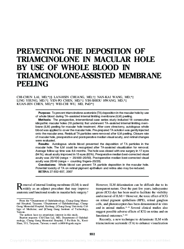 (PDF) Preventing the Deposition of Triamcinolone in Macular Hole by Use of Whole Blood in ...