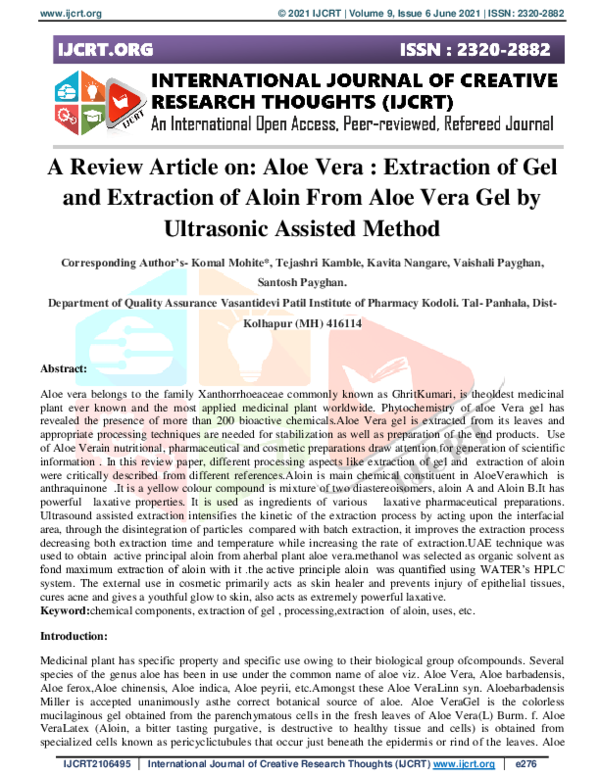 (PDF) A Review Article on: Aloe Vera : Extraction of Gel and Extraction ...