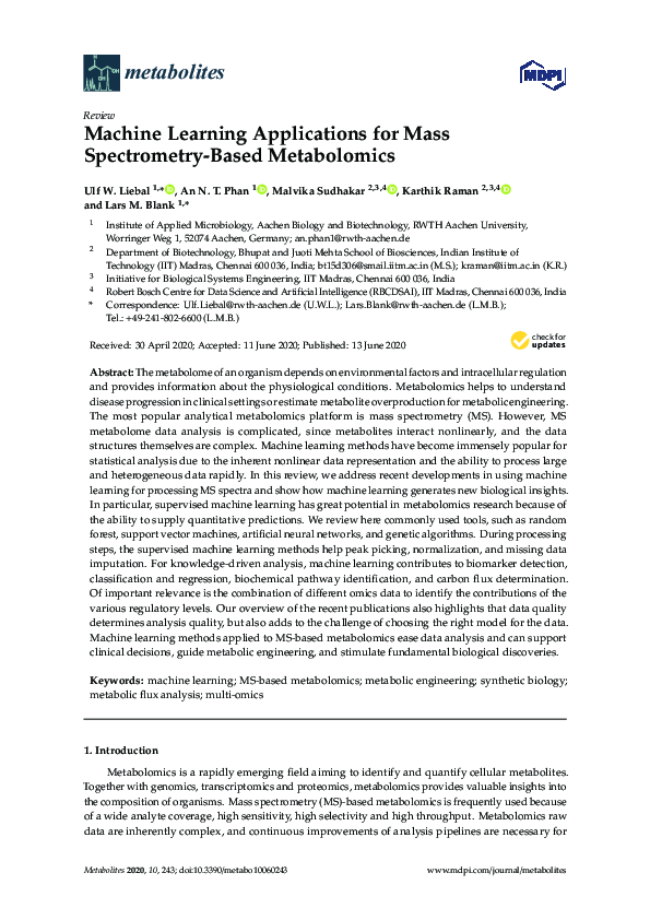 (PDF) Machine Learning Applications for Mass Spectrometry-Based ...