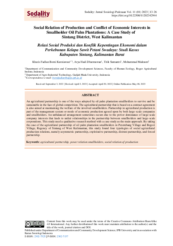 (PDF) Social Relation of Production and Conflict of Economic Interests in Smallholder Oil Palm ...