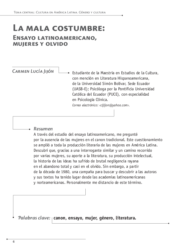 (PDF) La mala costumbre: ensayo latinoamericano, mujeres y olvido (Tema Central)