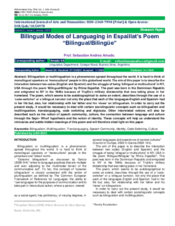 (PDF) Bilingual Modes of Languaging in Espaillat's Poem "Bilingual ...