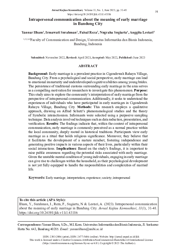 (PDF) Intrapersonal communication about the meaning of early marriage ...