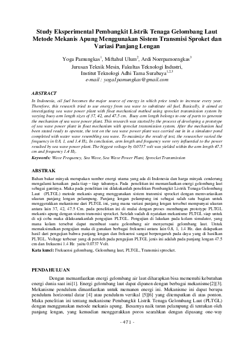 (PDF) Study Eksperimental Pembangkit Listrik Tenaga Gelombang Laut Metode Mekanis Apung ...