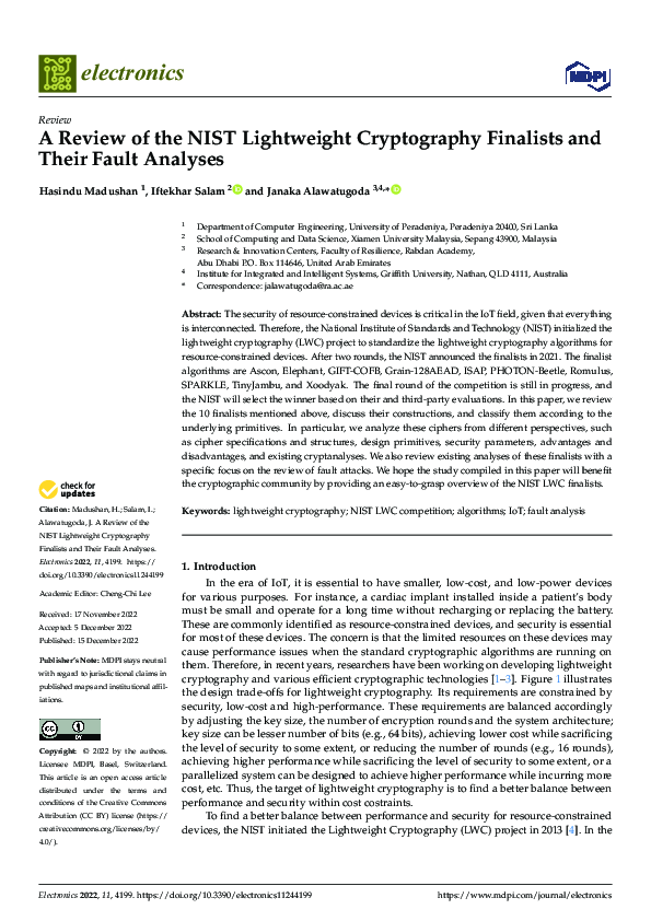 (PDF) A Review of the NIST Lightweight Cryptography Finalists and Their Fault Analyses