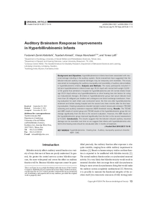 (PDF) Auditory Brainstem Response Improvements in Hyperbillirubinemic Infants