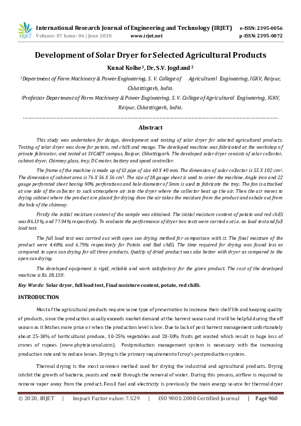 (PDF) Development of Solar Dryer for Selected Agricultural Products