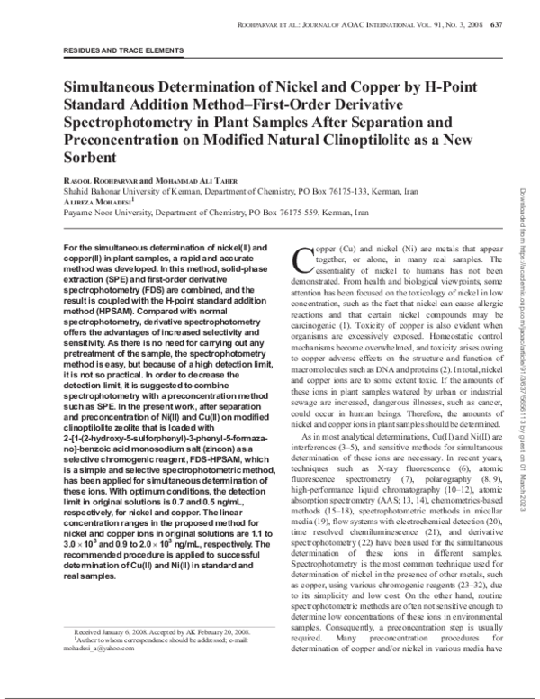 Pdf Simultaneous Determination Of Nickel And Copper By H Point Standard Addition Methodfirst