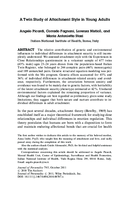 (PDF) A Twin Study of Attachment Style in Young Adults