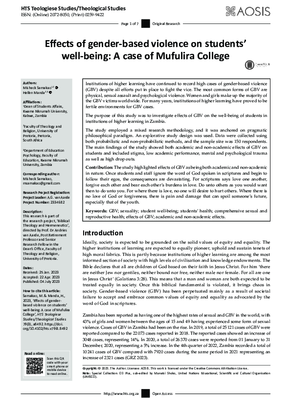(PDF) Effects of gender-based violence on students’ well-being: A case ...