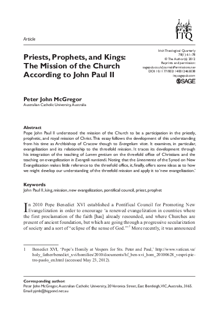 (PDF) Priests, Prophets, and Kings: The Mission of the Church According ...
