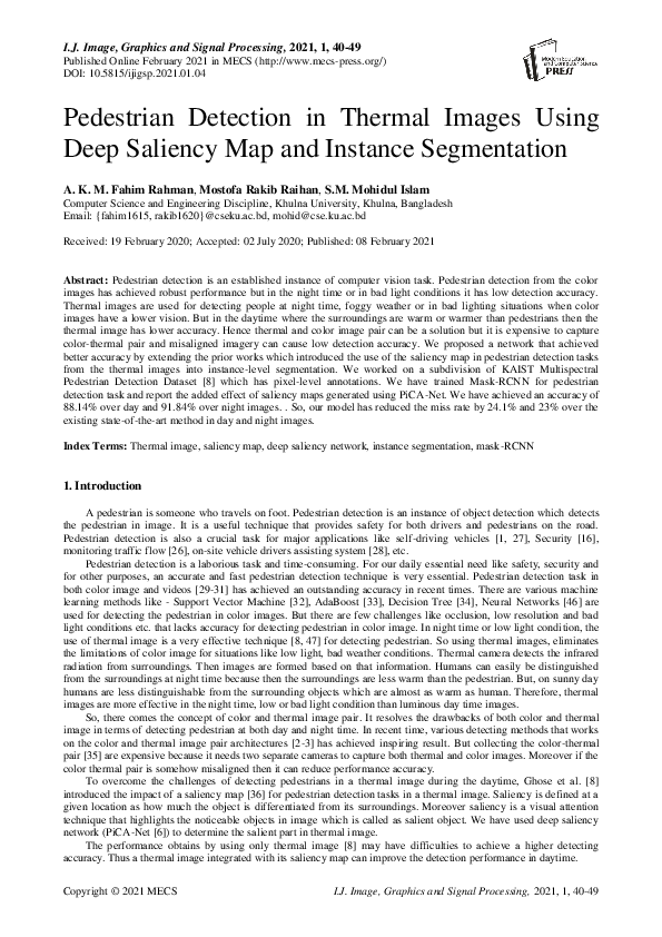 Pdf Pedestrian Detection In Thermal Images Using Deep Saliency Map And Instance Segmentation